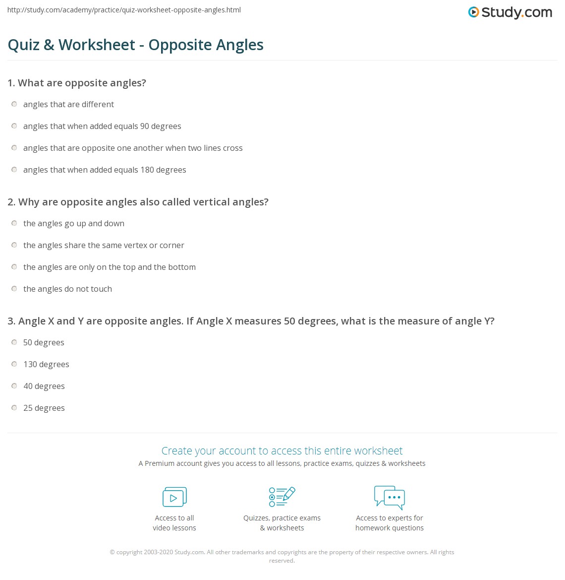 Quiz & Worksheet - Opposite Angles | Study.com
