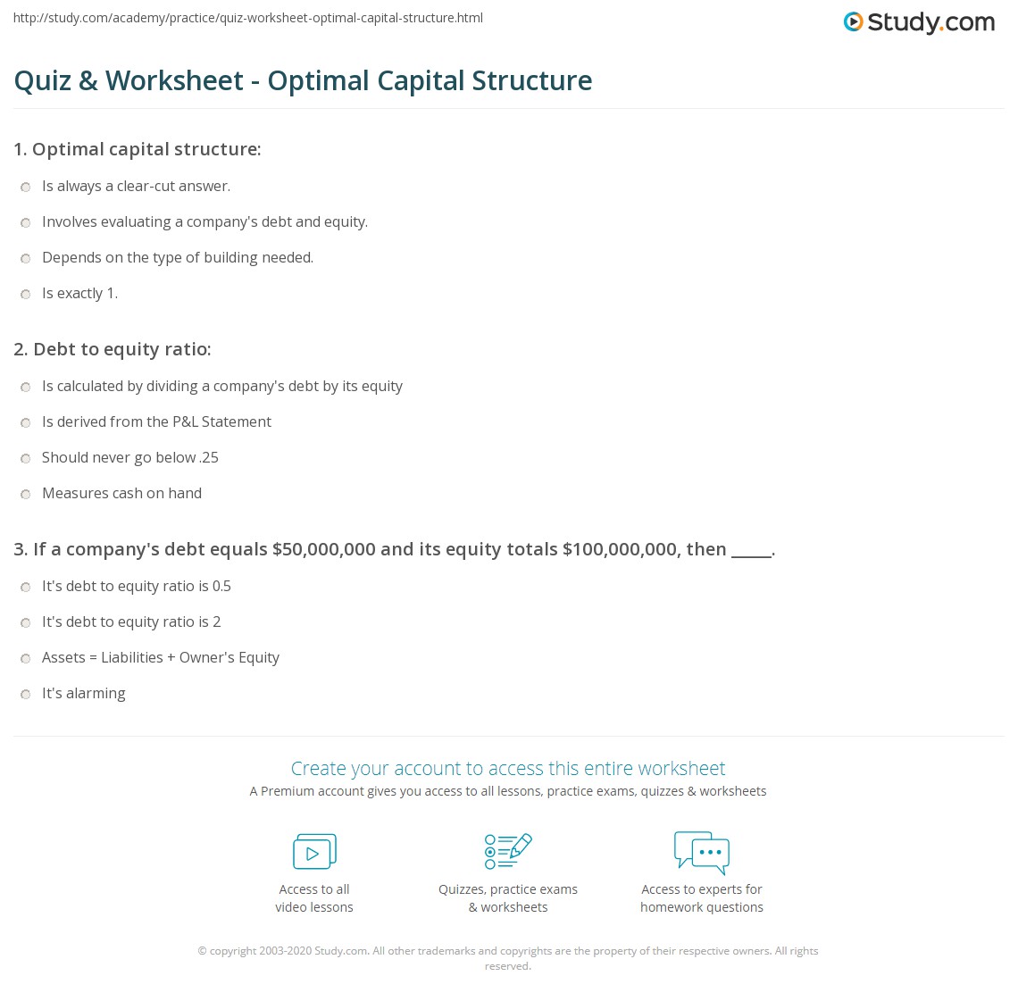 Quiz & Worksheet - Optimal Capital Structure | Study.com