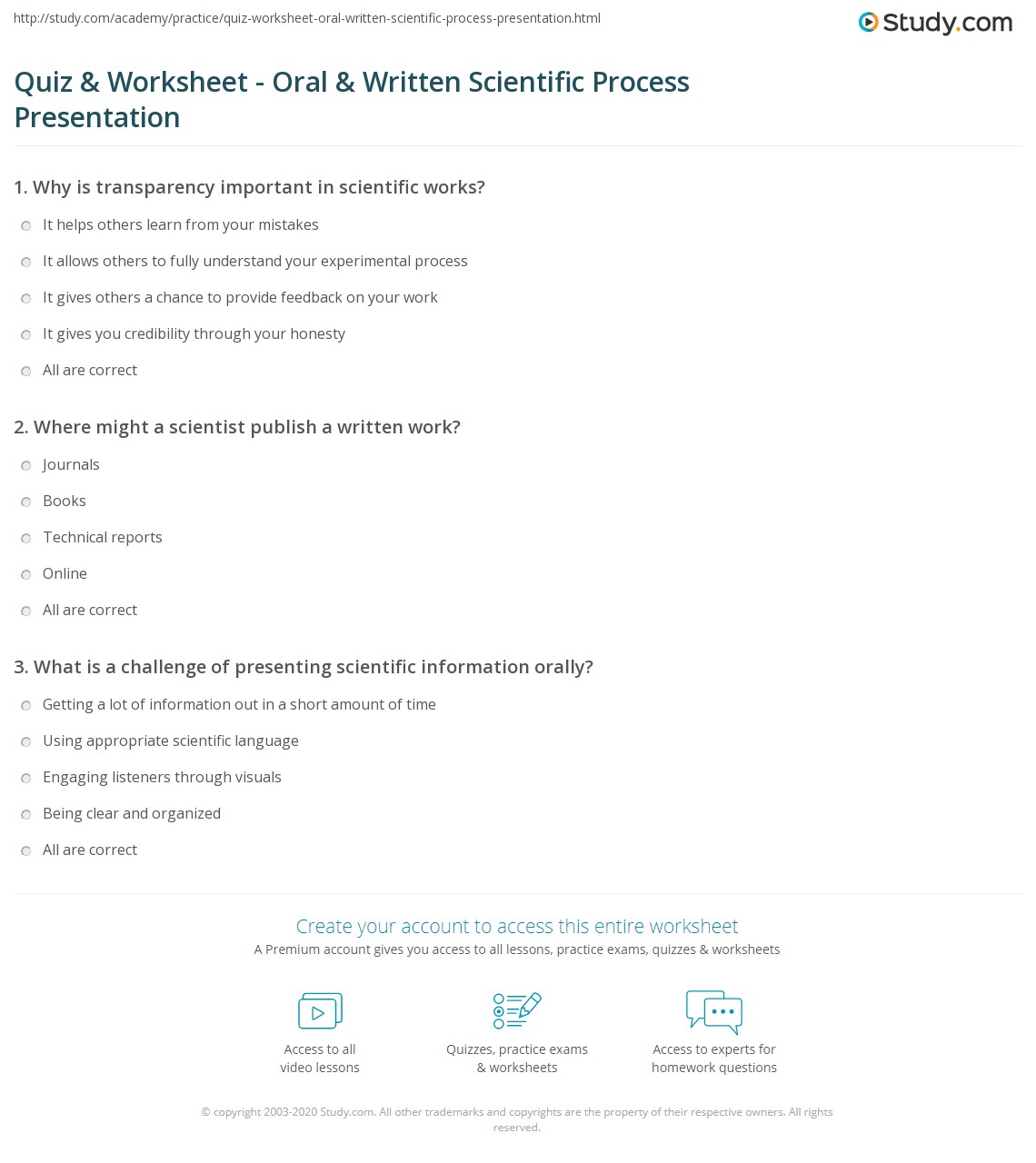 Quiz & Worksheet - Oral & Written Scientific Process Presentation ...