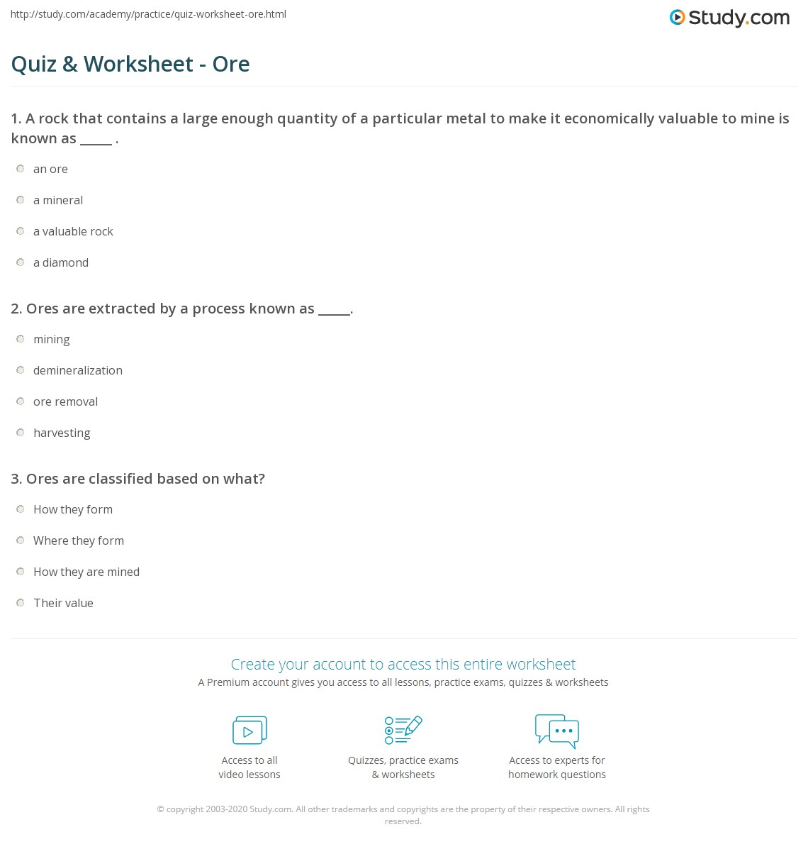Quiz & Worksheet - Ore | Study.com