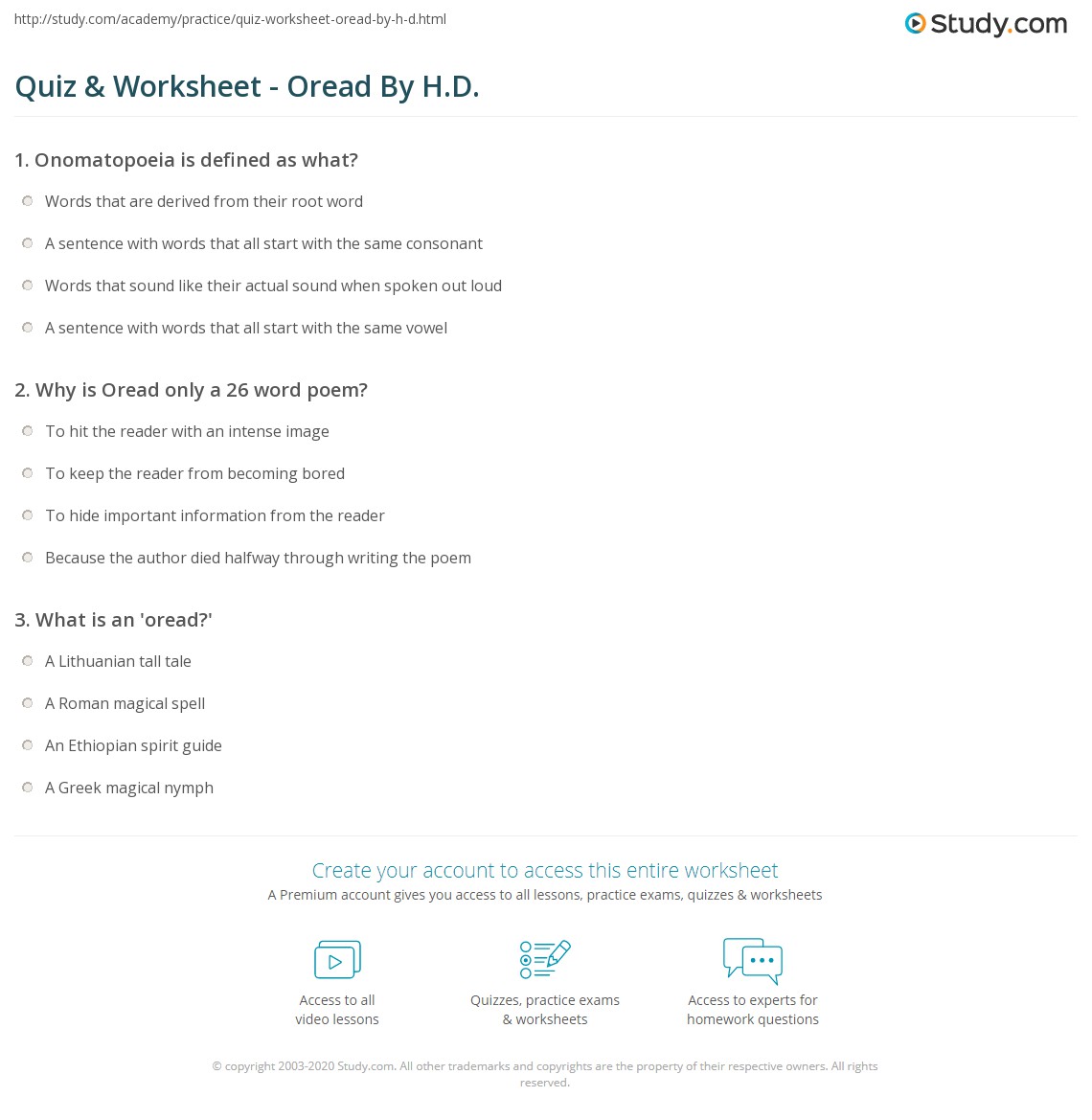 Quiz & Worksheet - Oread By H.D. | Study.com