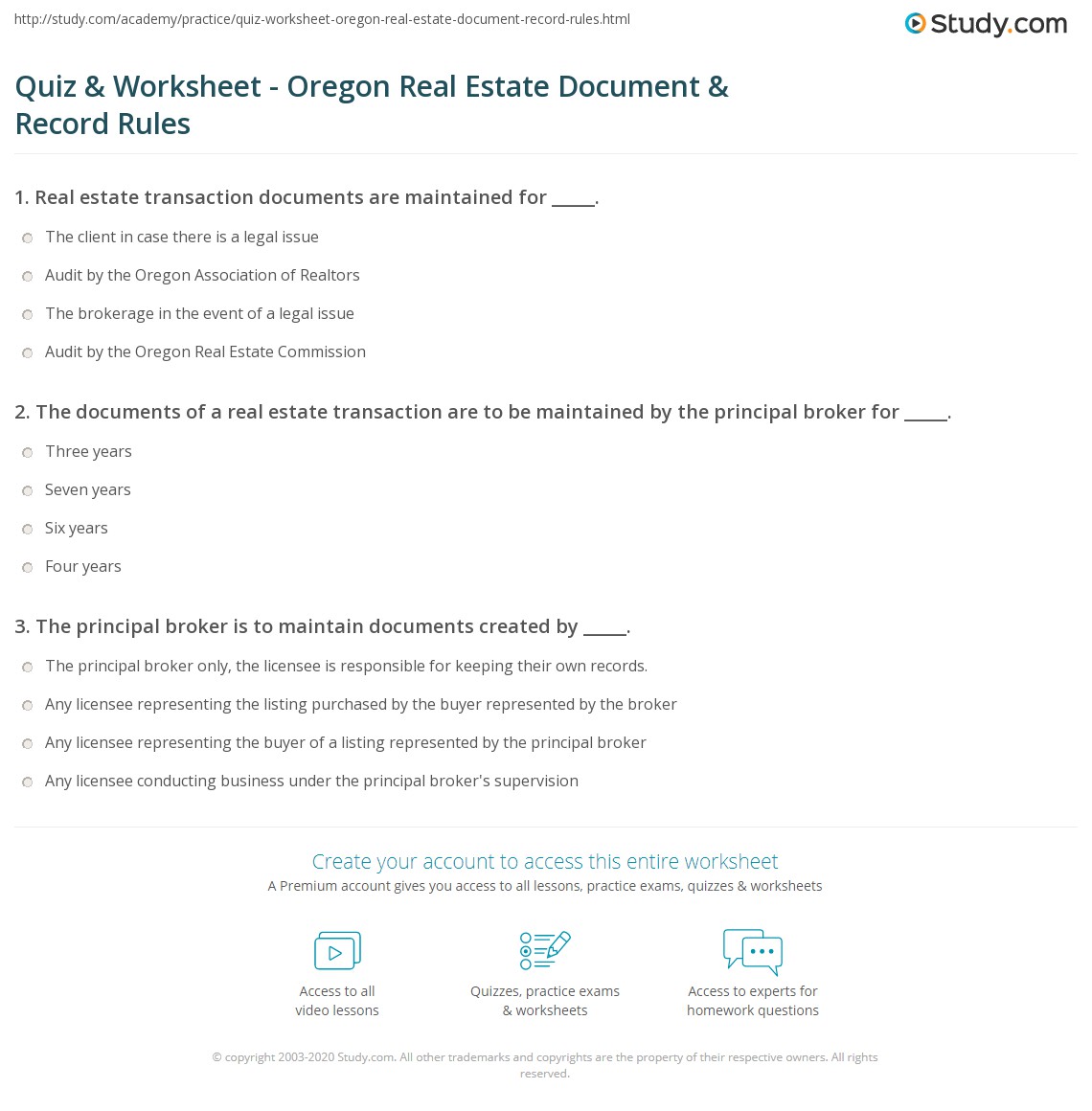 Quiz & Worksheet - Oregon Real Estate Document & Record Rules | Study.com
