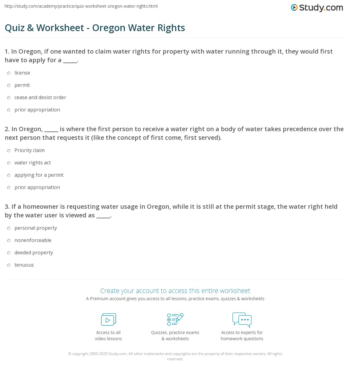 Quiz & Worksheet - Oregon Water Rights | Study.com