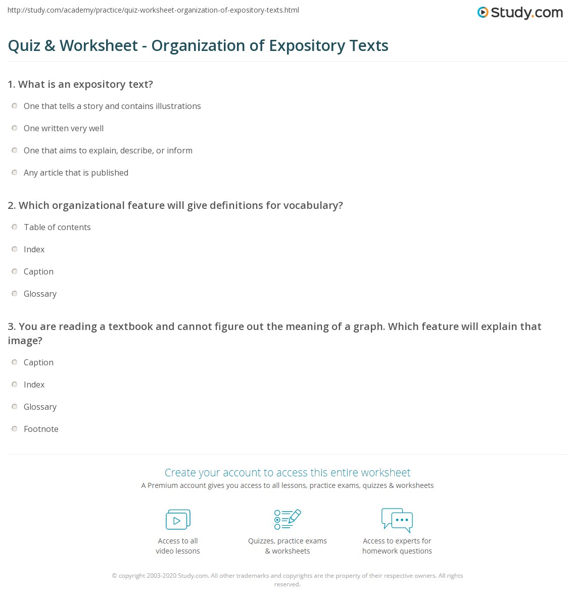 Quiz & Worksheet - Organization of Expository Texts | Study.com