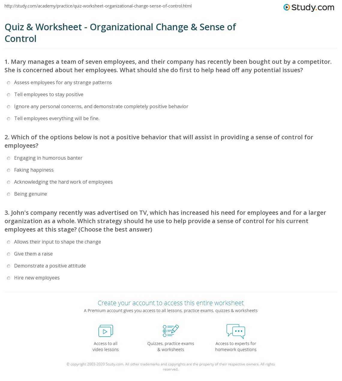 Quiz & Worksheet - Organizational Change & Sense of Control | Study.com