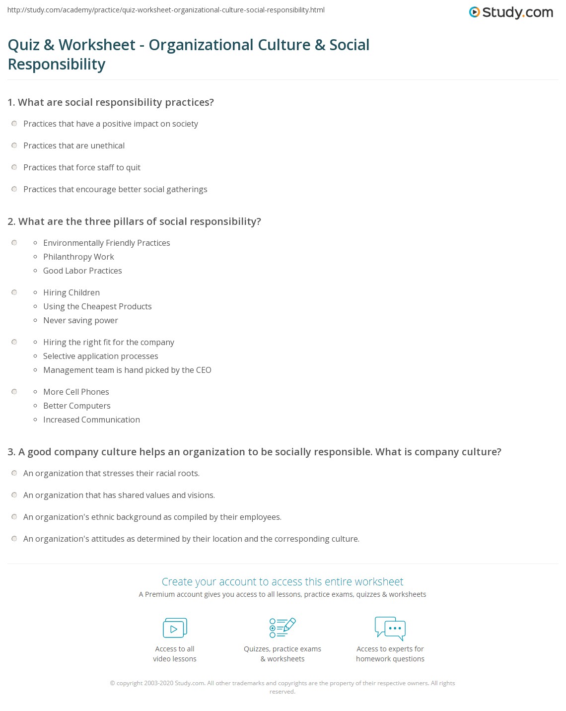 Quiz & Worksheet - Organizational Culture & Social Responsibility | Study.com