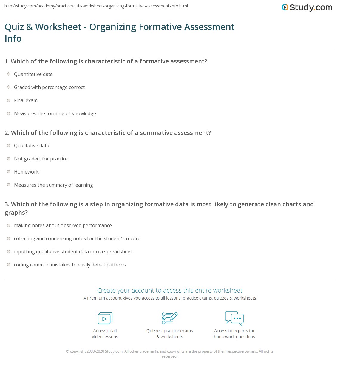 Quiz & Worksheet - Organizing Formative Assessment Info | Study.com