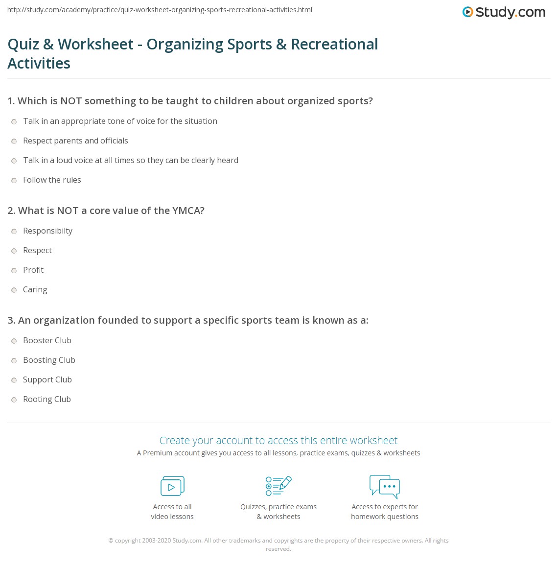 Quiz & Worksheet - Organizing Sports & Recreational Activities | Study.com