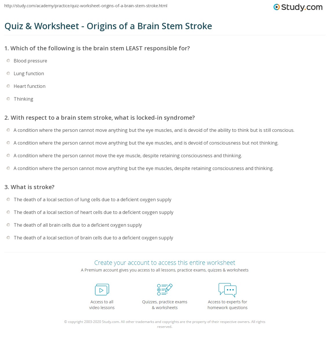 Quiz & Worksheet - Origins of a Brain Stem Stroke | Study.com