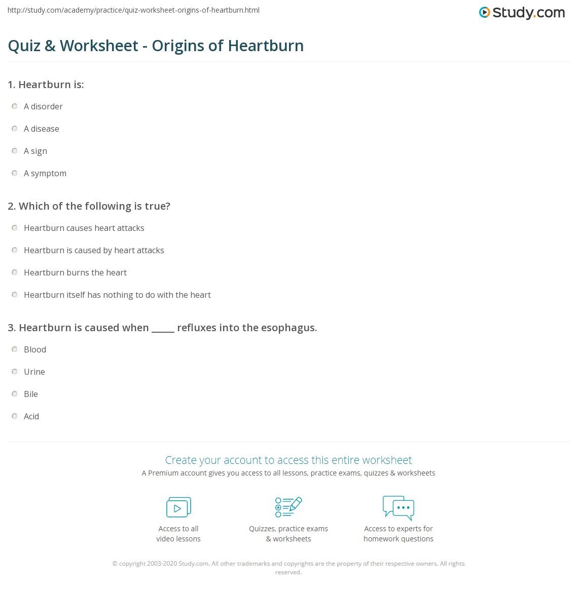 Quiz & Worksheet - Origins of Heartburn | Study.com