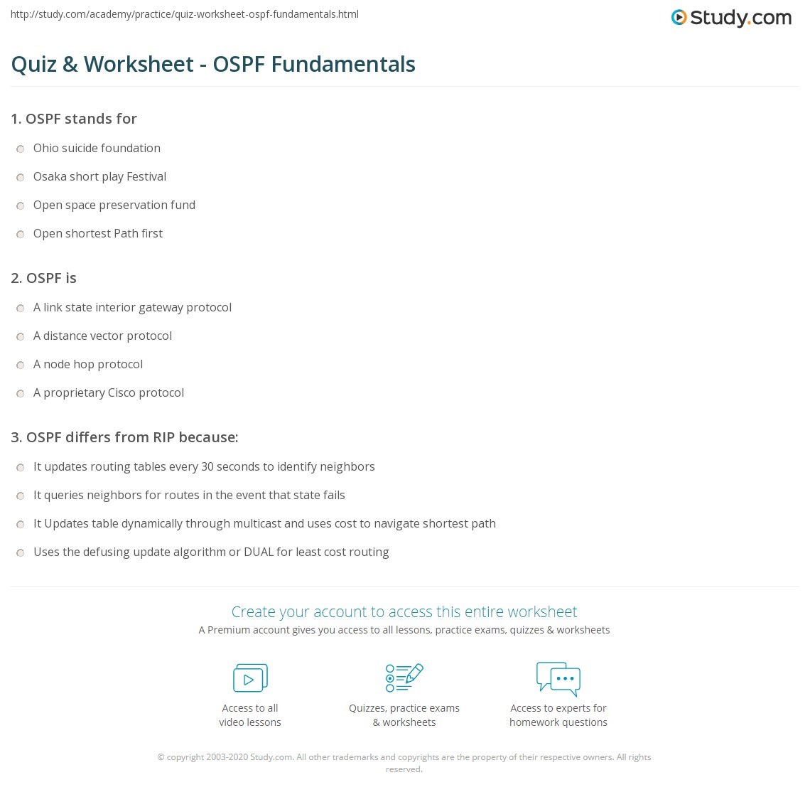 Quiz & Worksheet - OSPF Fundamentals | Study.com