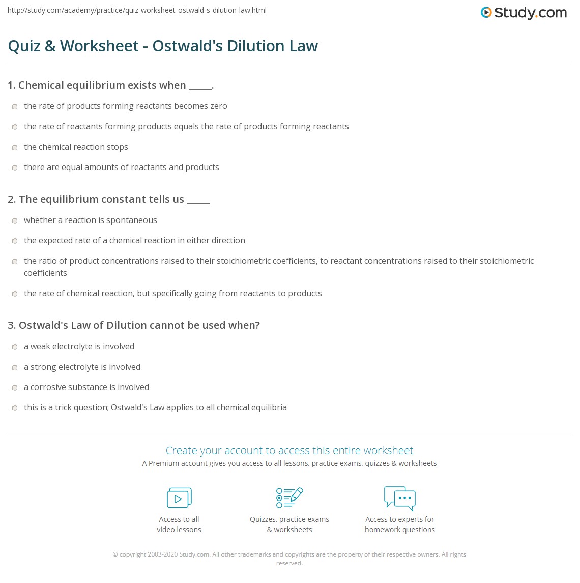 Quiz & Worksheet - Ostwald's Dilution Law | Study.com