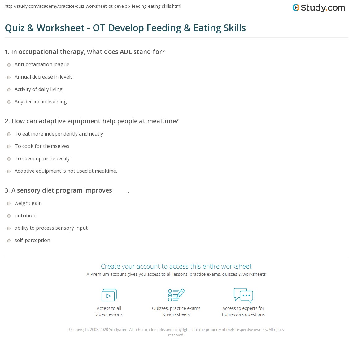 Quiz & Worksheet - OT Develop Feeding & Eating Skills | Study.com