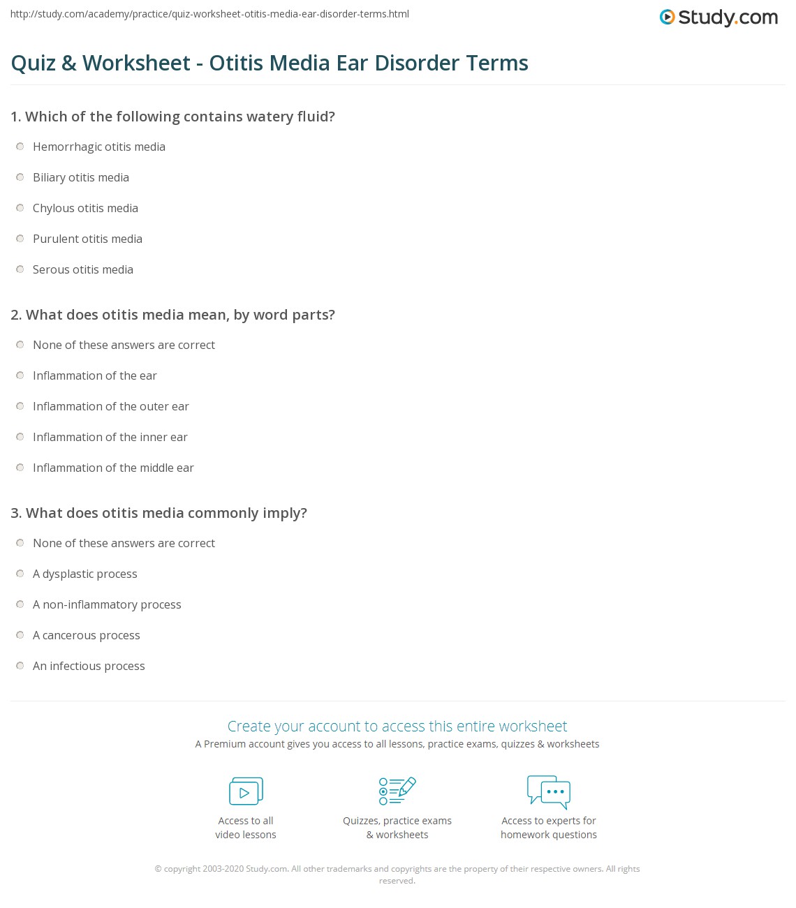 Quiz & Worksheet - Otitis Media Ear Disorder Terms | Study.com