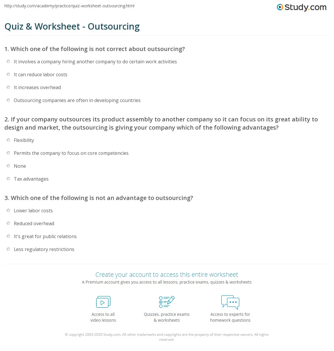 Quiz & Worksheet - Outsourcing | Study.com