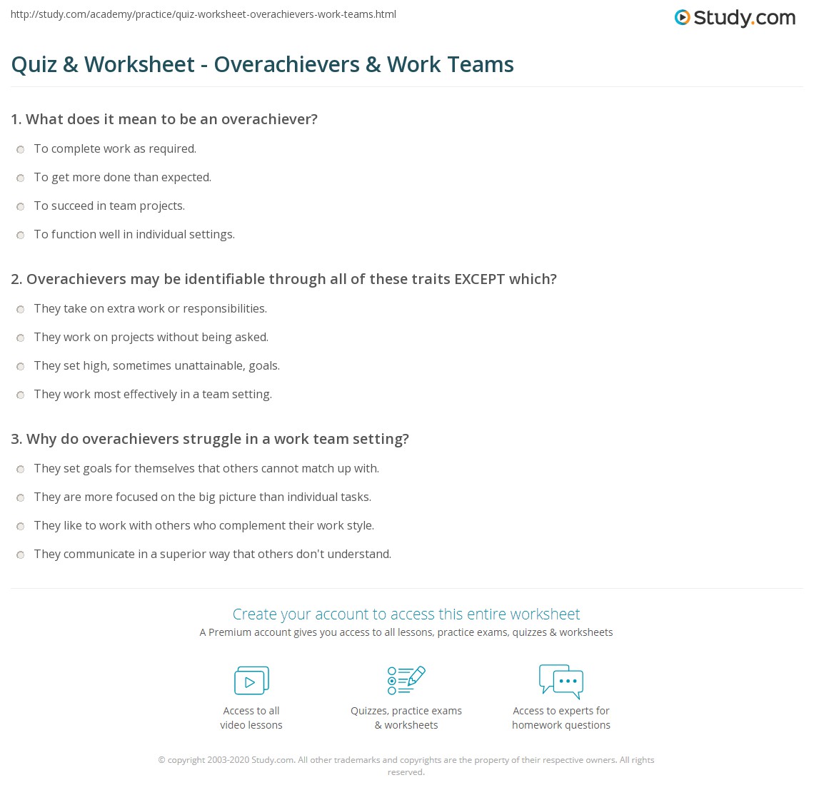 Quiz & Worksheet - Overachievers & Work Teams | Study.com