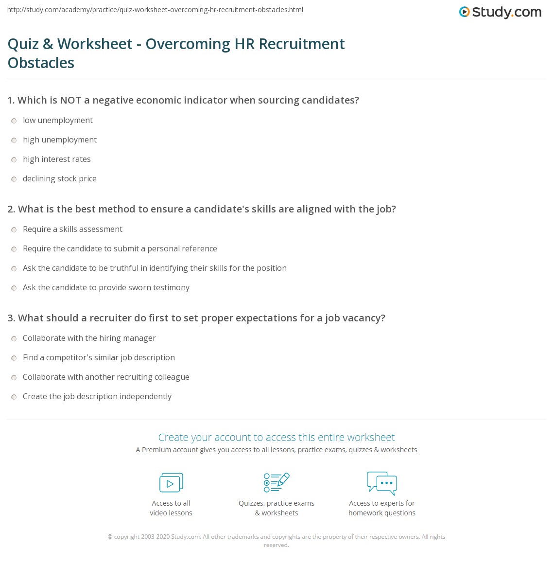 Quiz & Worksheet - Overcoming HR Recruitment Obstacles | Study.com