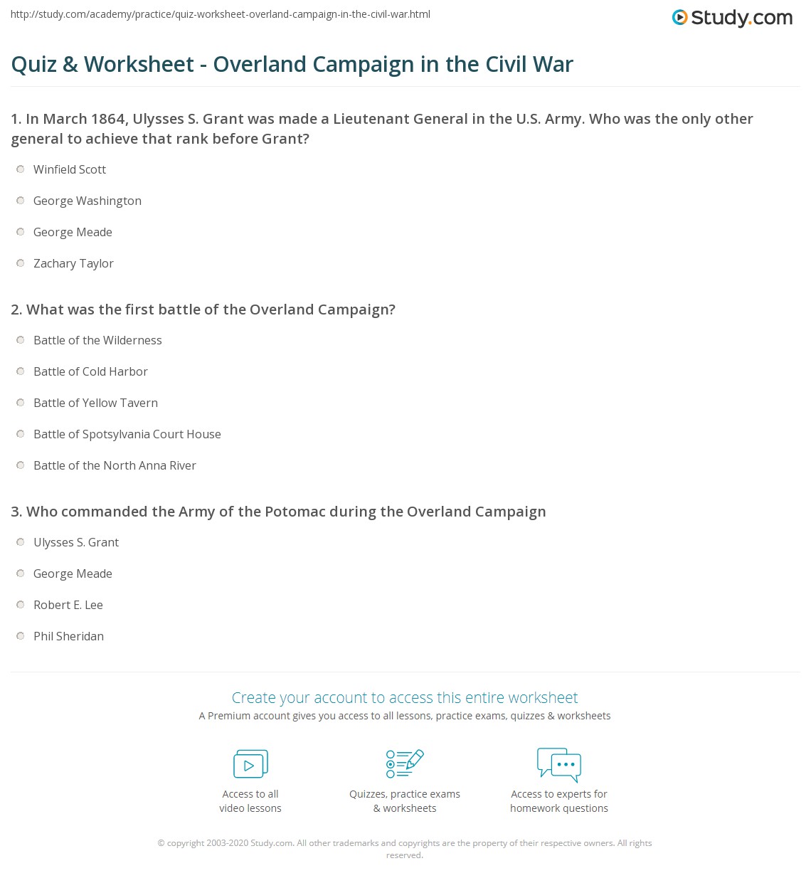 Quiz & Worksheet - Overland Campaign in the Civil War | Study.com