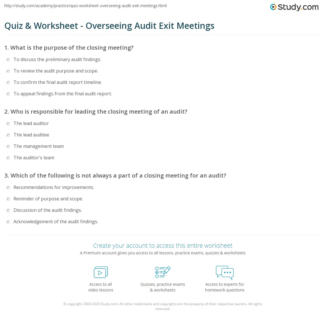 Quiz & Worksheet - Overseeing Audit Exit Meetings | Study.com
