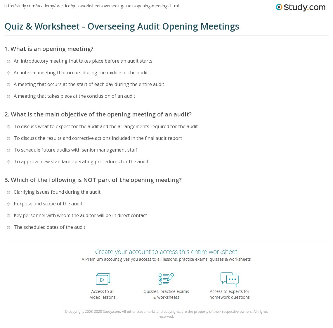 Quiz & Worksheet - Overseeing Audit Opening Meetings | Study.com