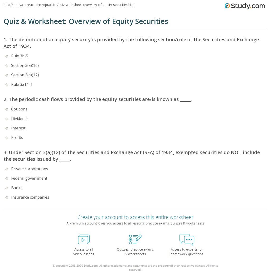 Quiz & Worksheet: Overview of Equity Securities | Study.com
