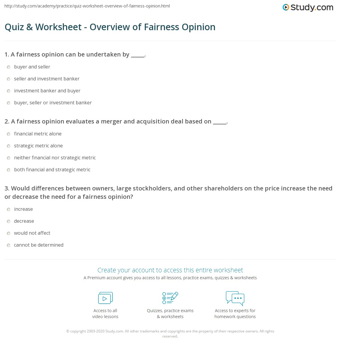 Quiz & Worksheet - Overview of Fairness Opinion | Study.com