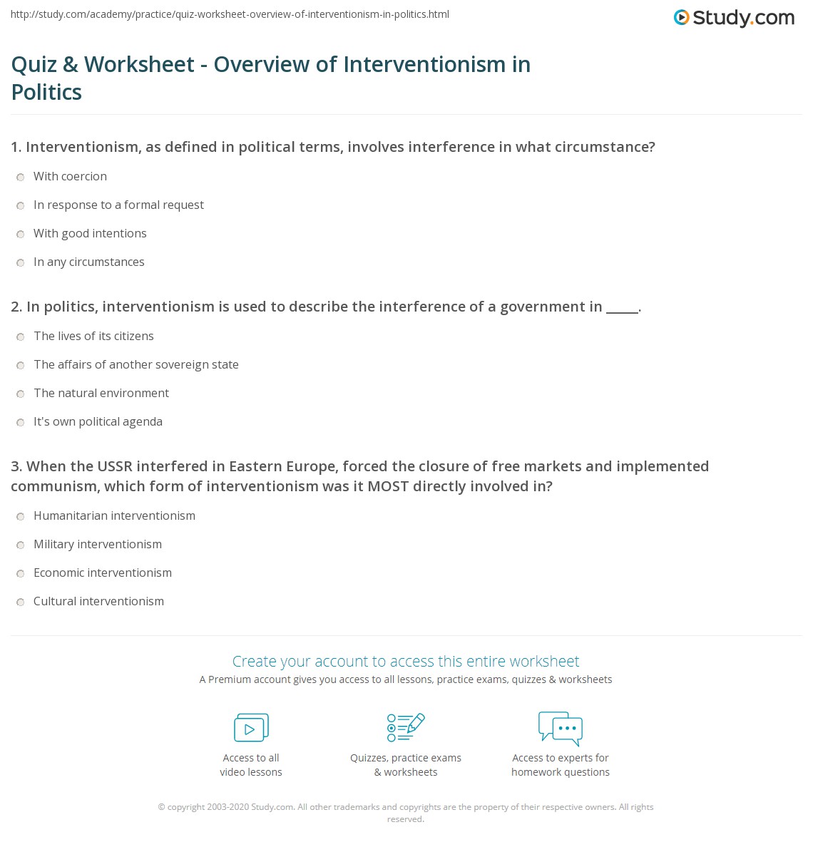 Quiz & Worksheet - Overview of Interventionism in Politics | Study.com
