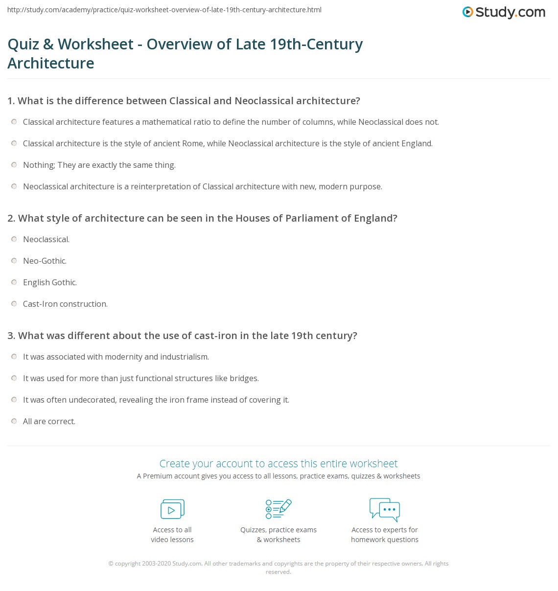 Quiz & Worksheet - Overview of Late 19th-Century Architecture | Study.com