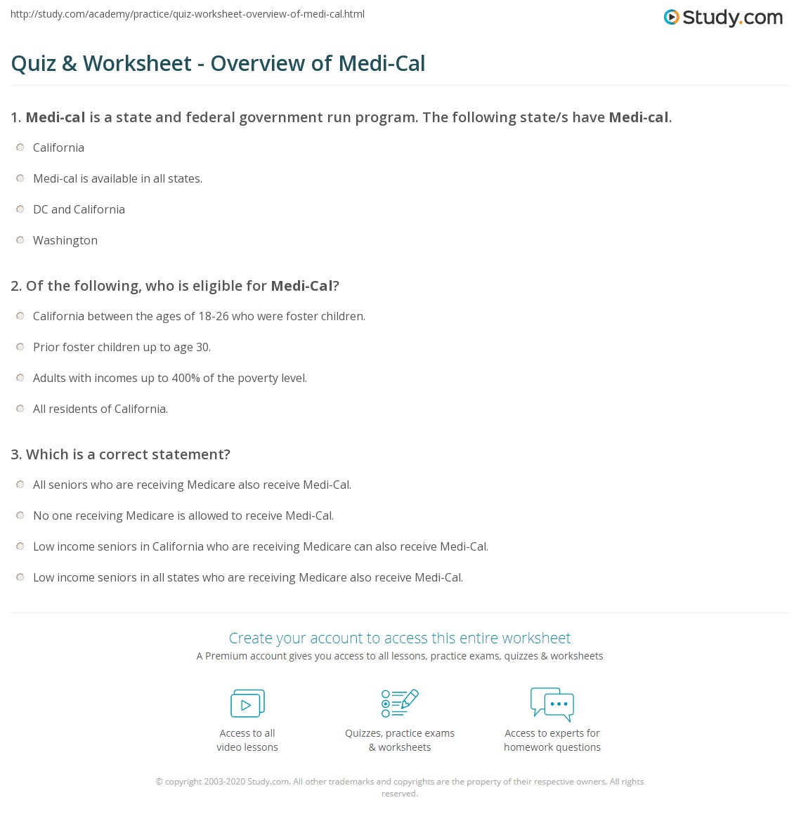 Quiz & Worksheet - Overview of Medi-Cal | Study.com