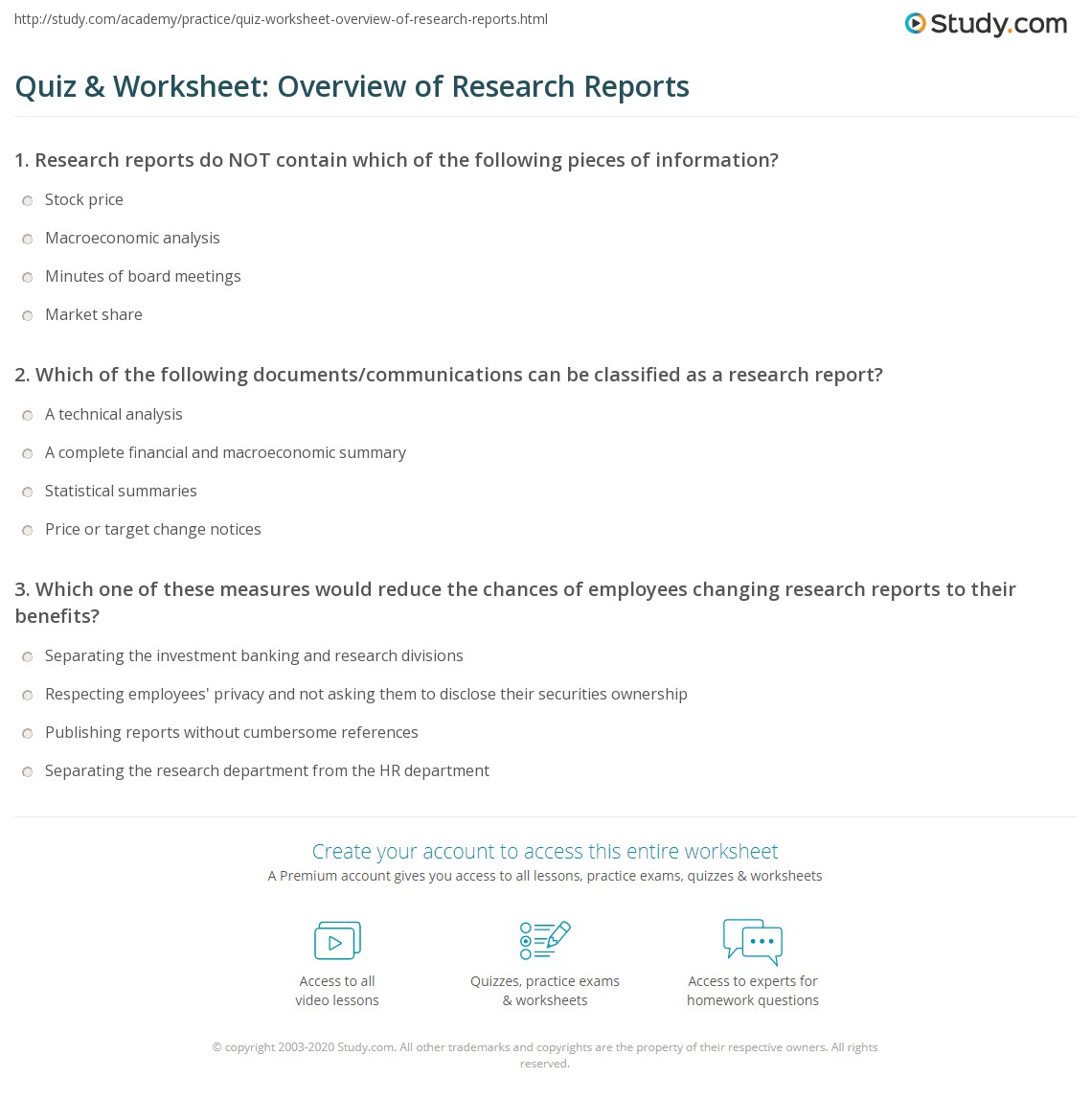 Quiz & Worksheet: Overview of Research Reports | Study.com
