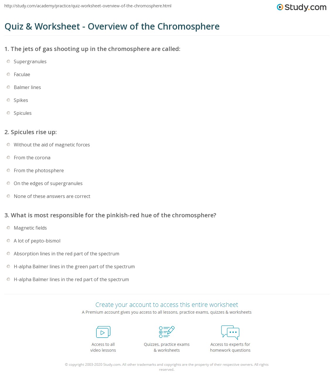 Quiz & Worksheet - Overview of the Chromosphere | Study.com