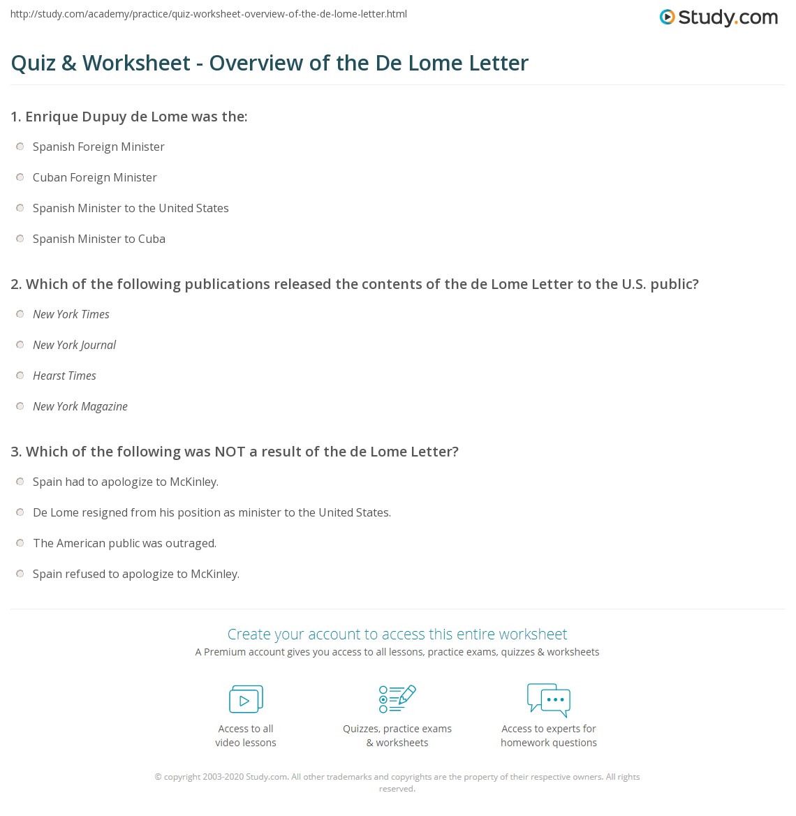 Quiz & Worksheet - Overview of the De Lome Letter | Study.com