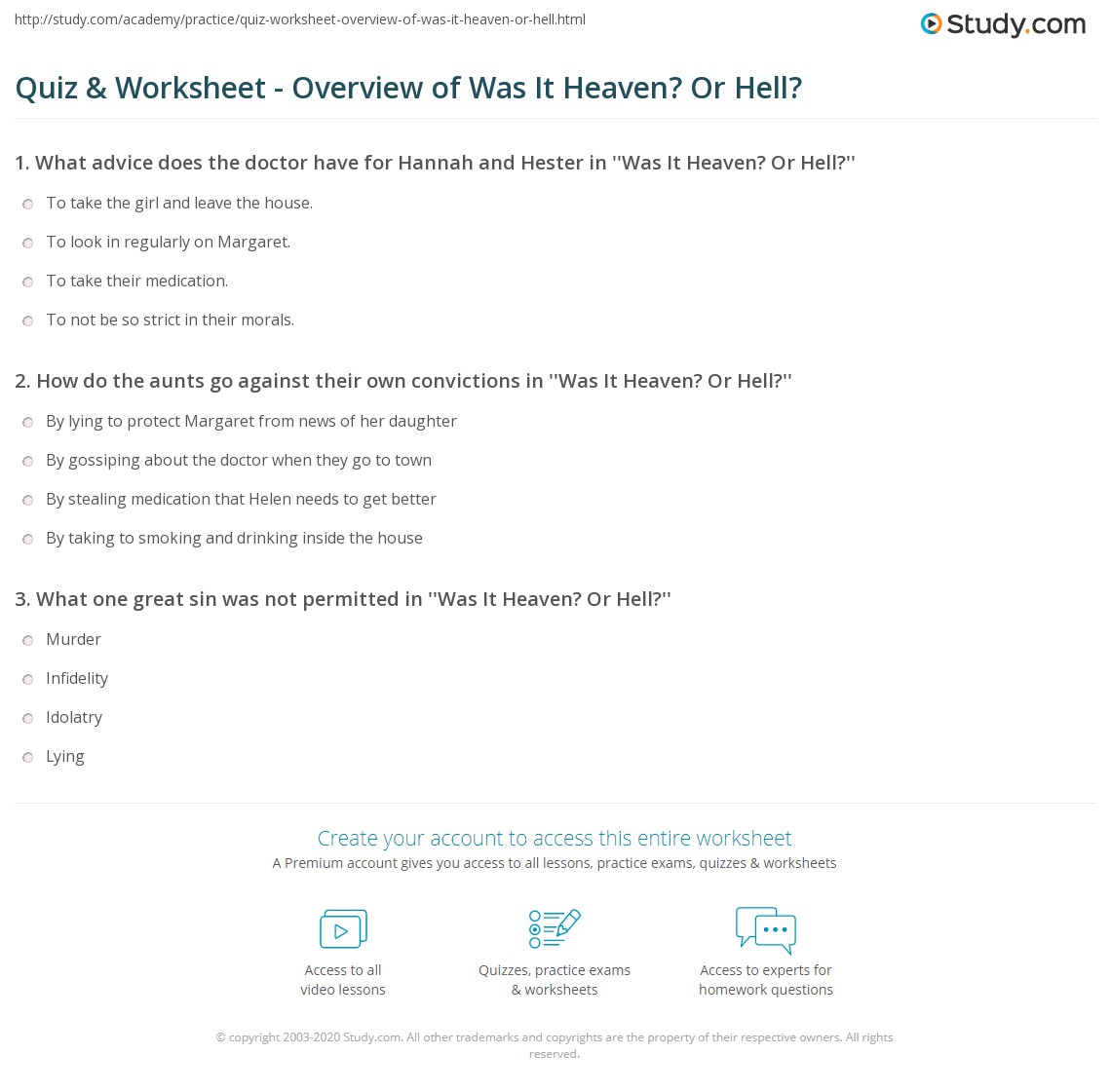 Quiz & Worksheet - Overview of Was It Heaven? Or Hell? | Study.com