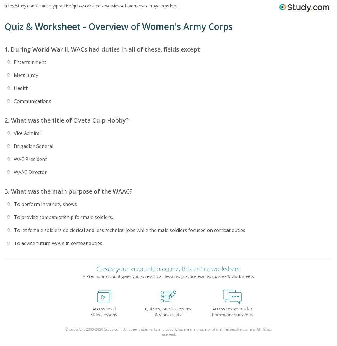Quiz & Worksheet - Overview of Women's Army Corps | Study.com