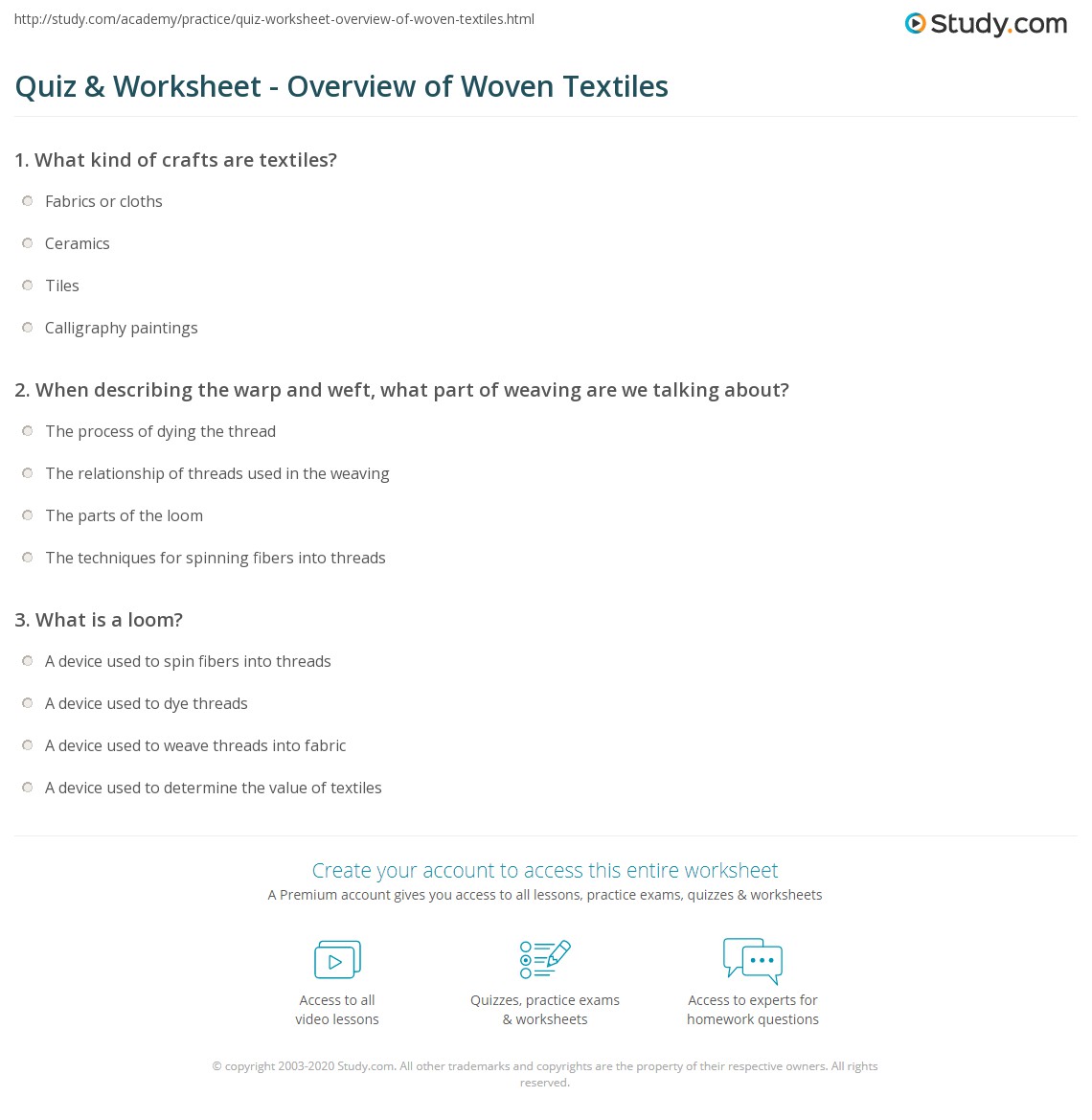 Quiz & Worksheet - Overview of Woven Textiles | Study.com