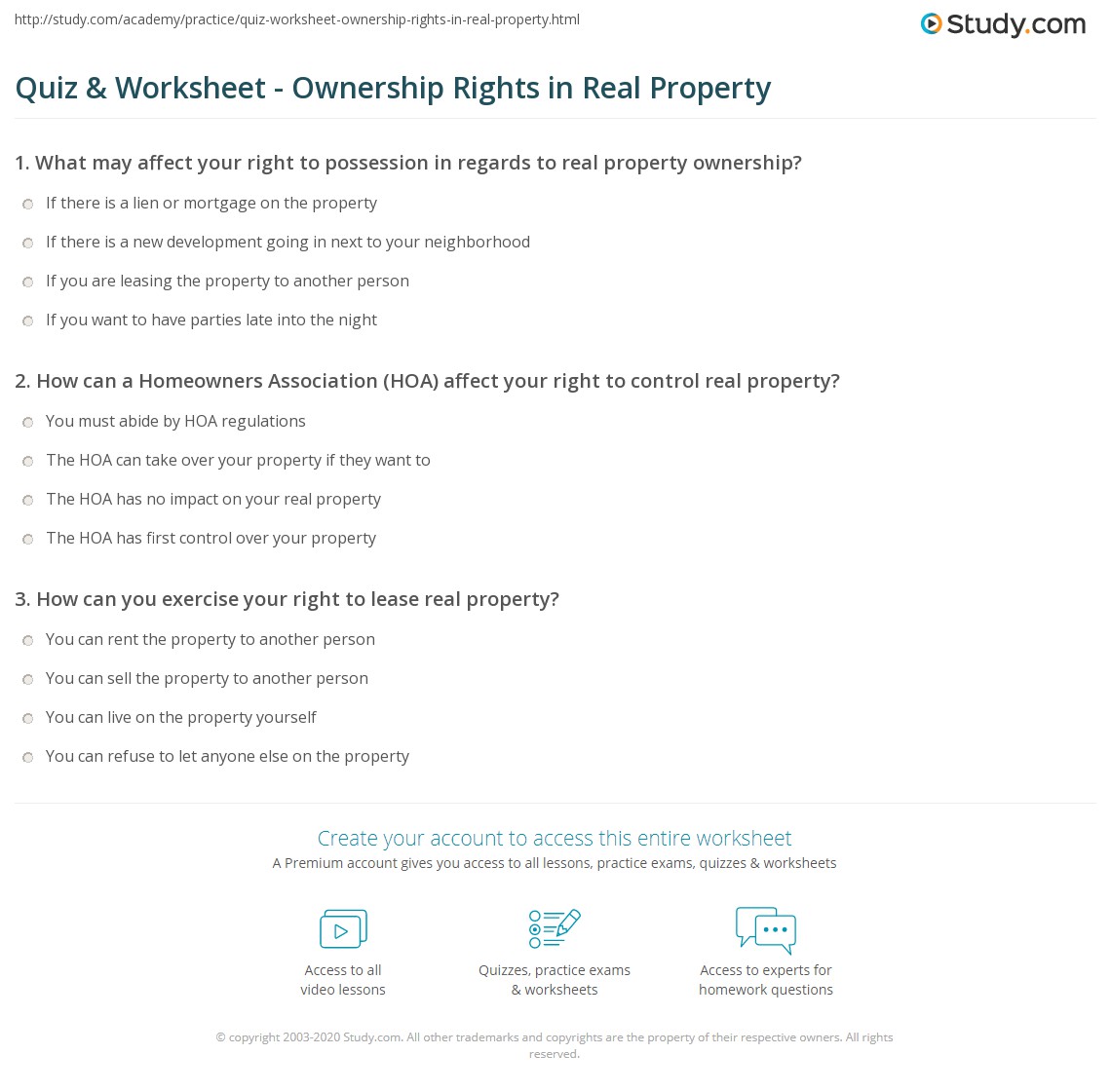 Quiz & Worksheet - Ownership Rights in Real Property | Study.com