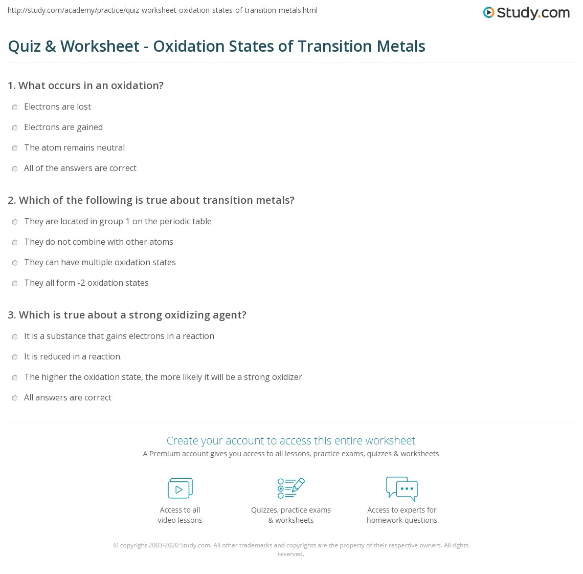 Quiz & Worksheet - Oxidation States of Transition Metals | Study.com