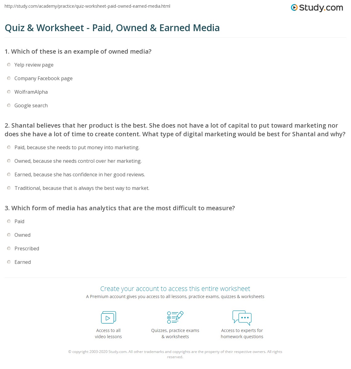 Quiz & Worksheet - Paid, Owned & Earned Media | Study.com