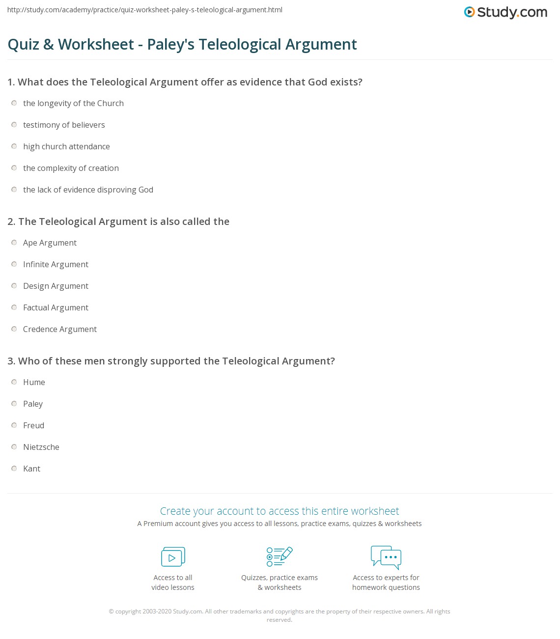 Quiz & Worksheet - Paley's Teleological Argument | Study.com