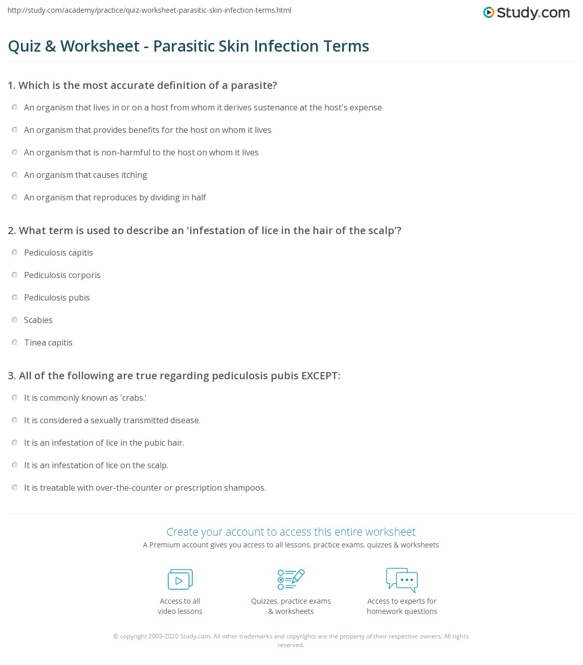 Quiz & Worksheet - Parasitic Skin Infection Terms | Study.com