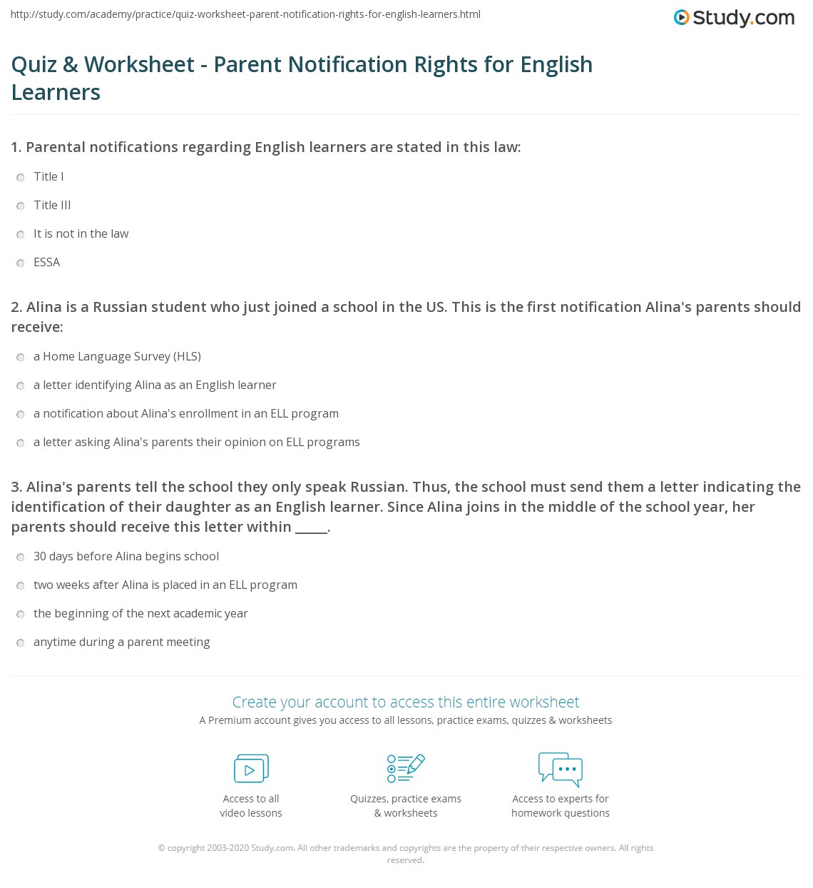 Quiz & Worksheet - Parent Notification Rights for English Learners ...