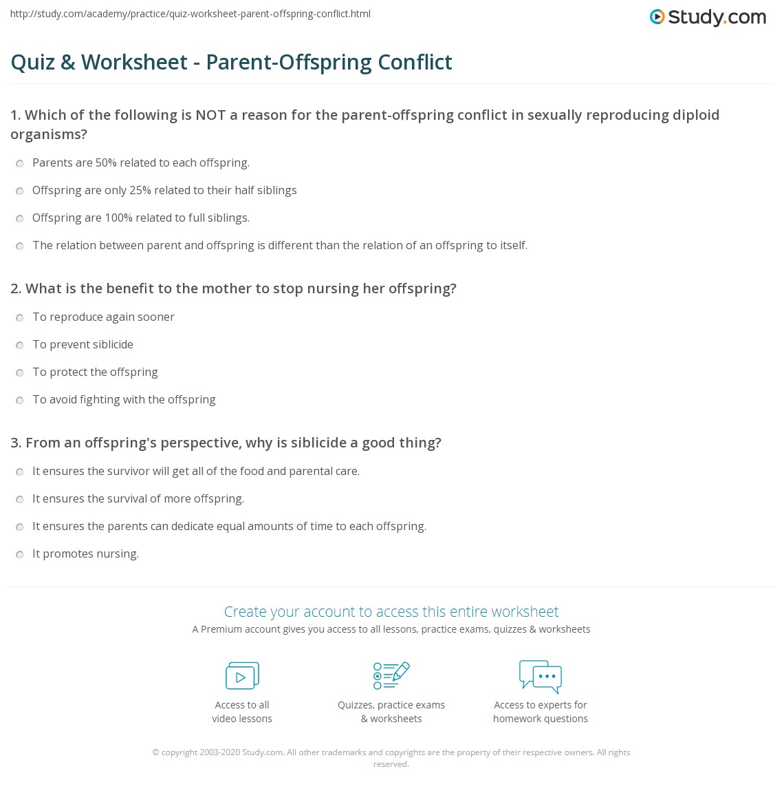 Quiz & Worksheet - Parent-Offspring Conflict | Study.com