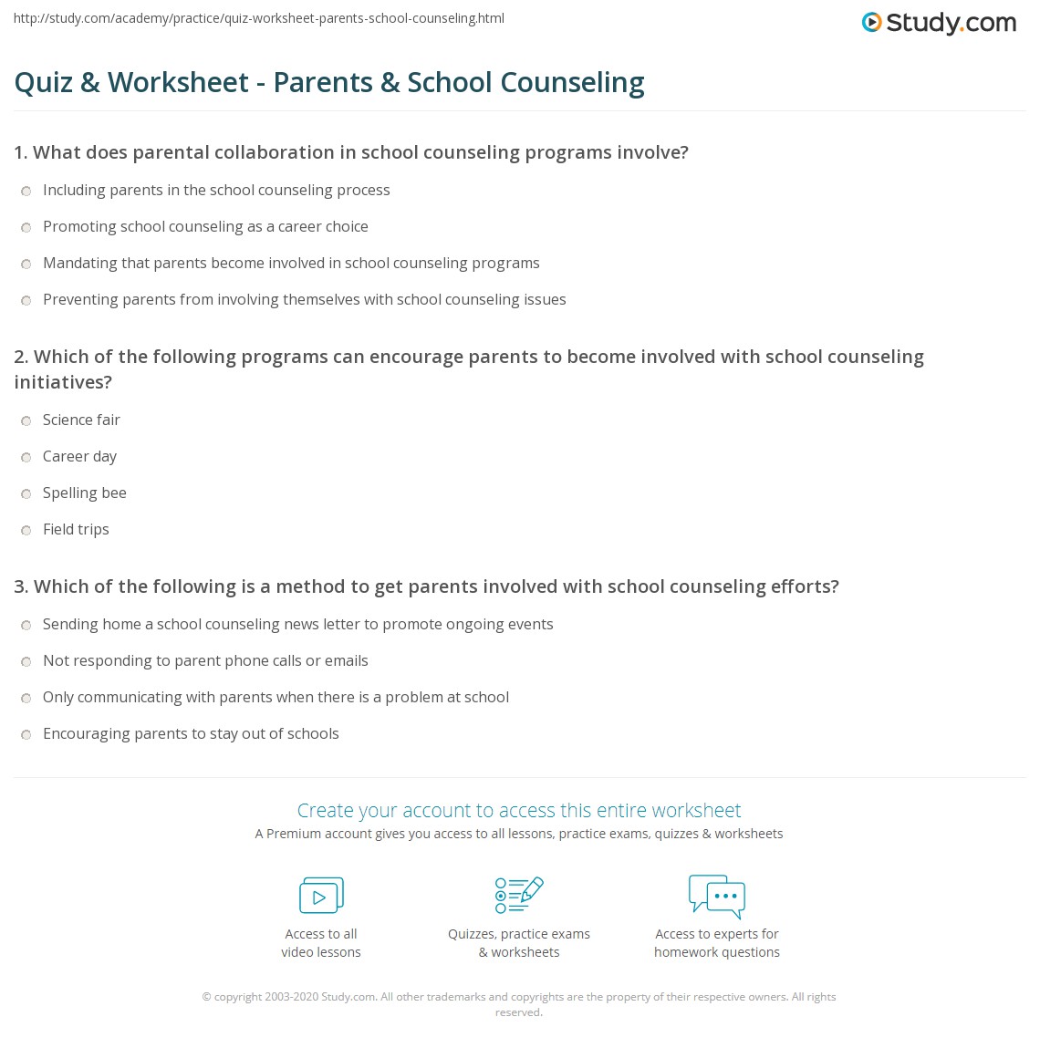 Quiz & Worksheet - Parents & School Counseling | Study.com