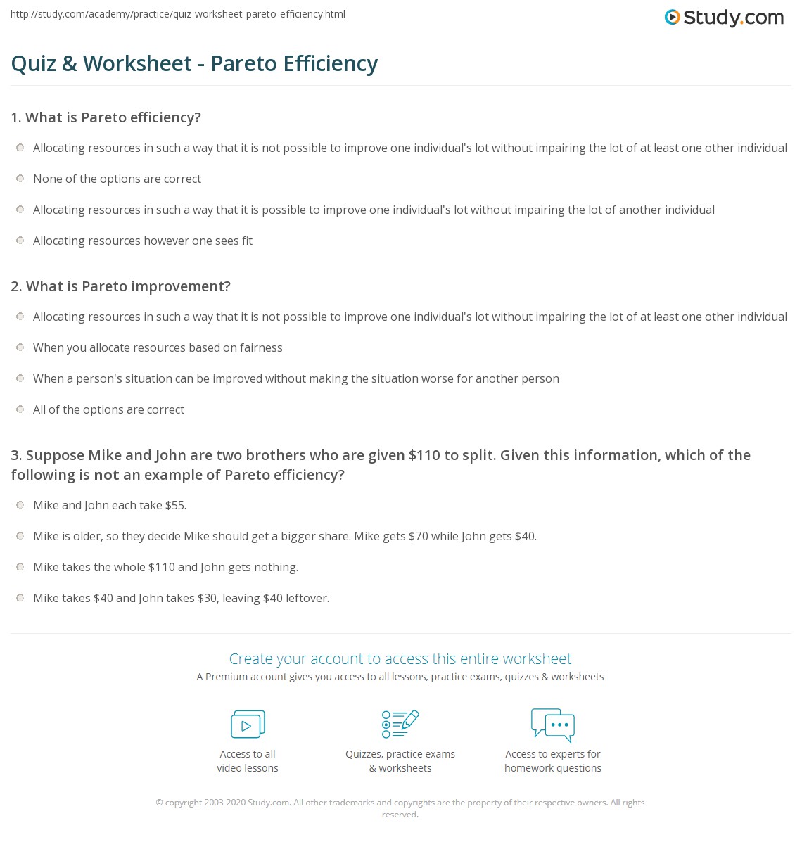 Quiz & Worksheet - Pareto Efficiency | Study.com