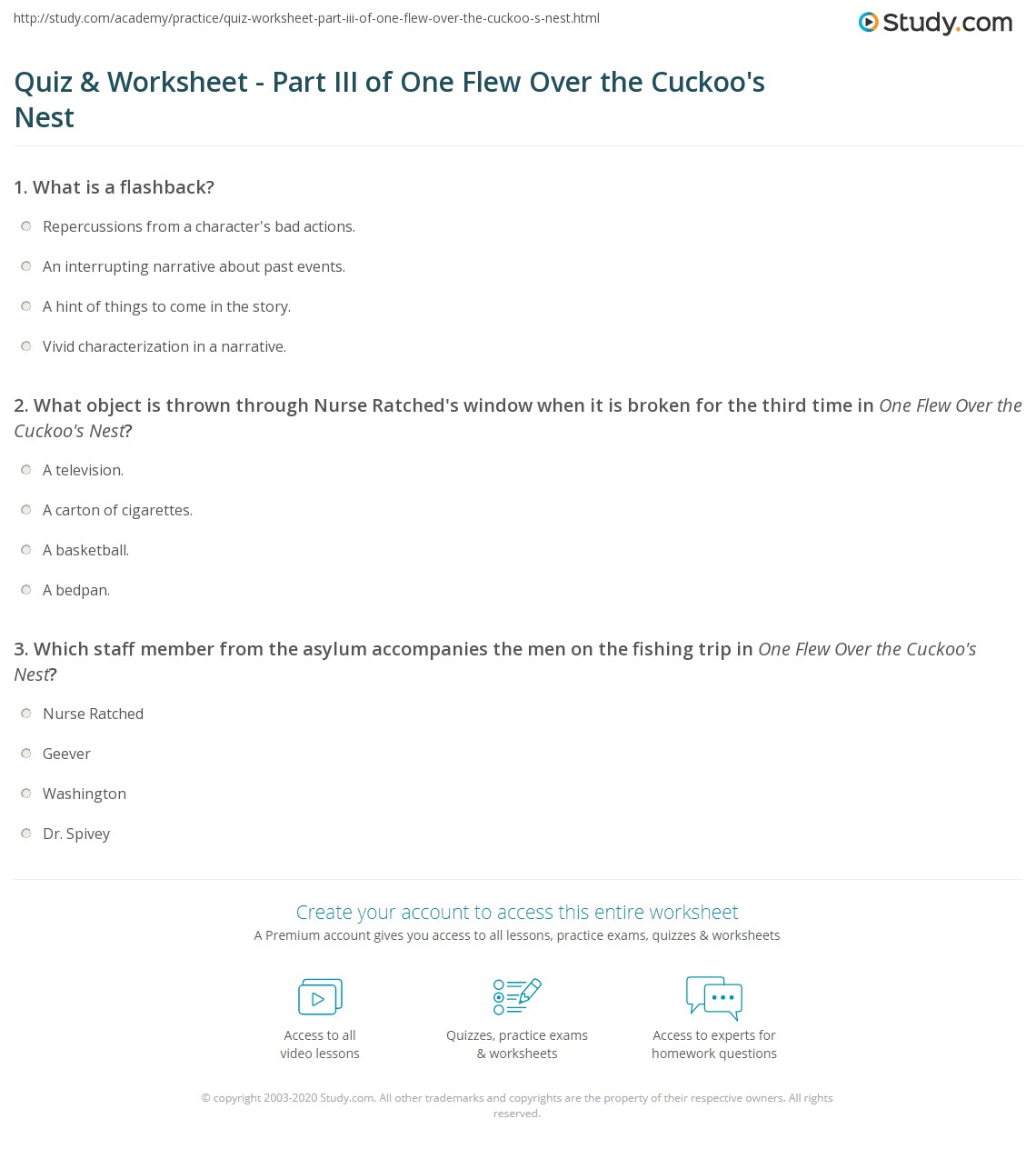 Quiz & Worksheet - Part III of One Flew Over the Cuckoo's Nest | Study.com