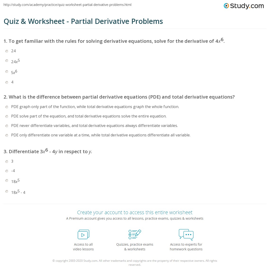 Quiz & Worksheet - Partial Derivative Problems | Study.com
