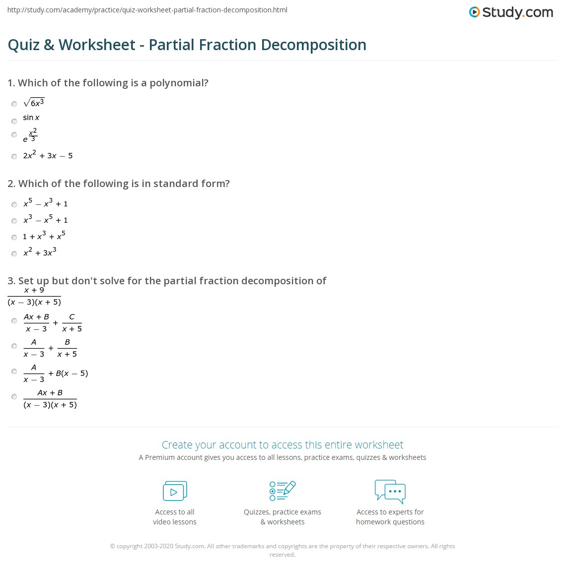 Quiz Worksheet Partial Fraction Decomposition Study Quiz Worksheet Partial Fraction Decomposition Study