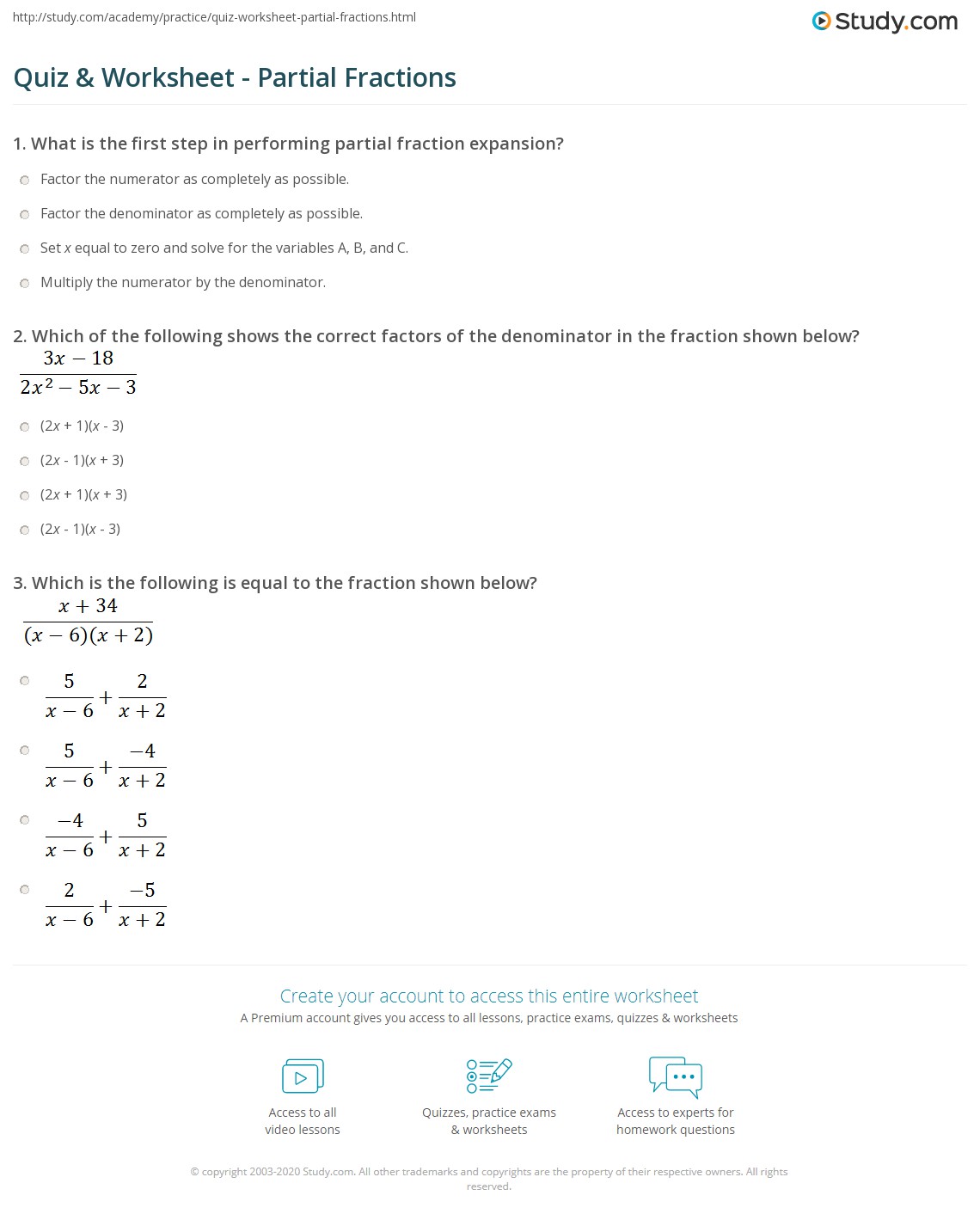 Quiz Worksheet Partial Fractions Study Quiz Worksheet Partial Fractions Study