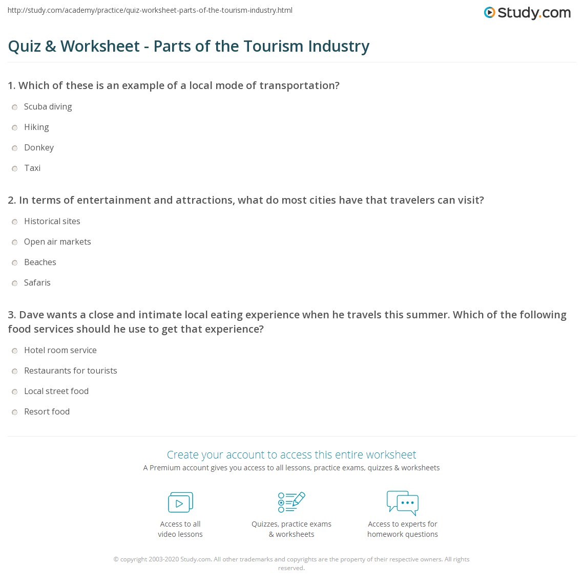 Quiz & Worksheet - Parts of the Tourism Industry | Study.com