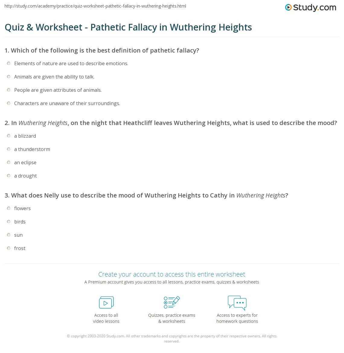 Quiz & Worksheet - Pathetic Fallacy in Wuthering Heights | Study.com